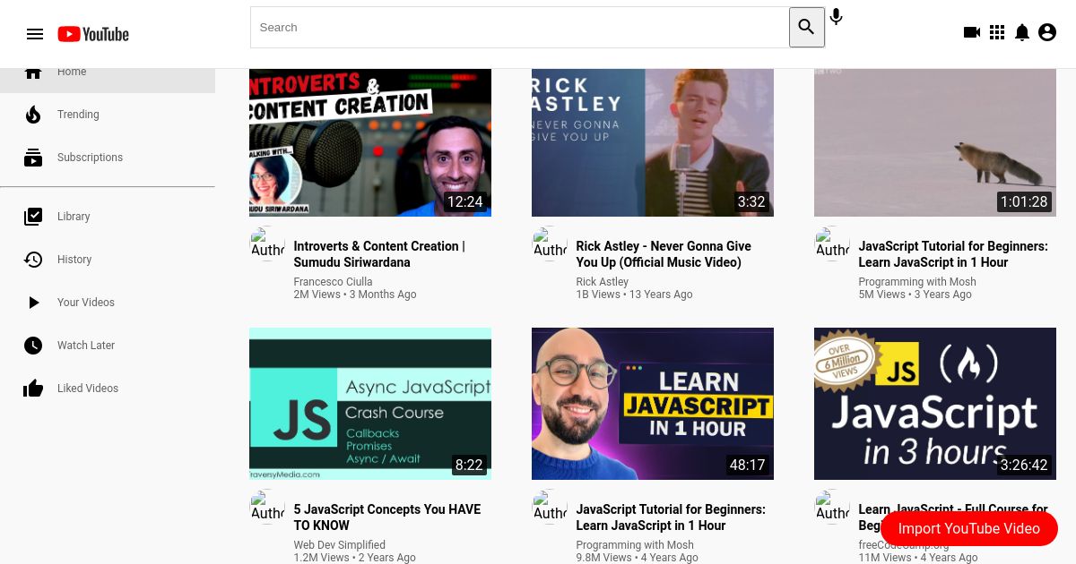 youtube clone import real yt videos!!!