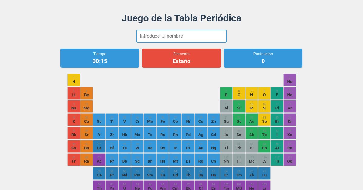 Juego de la Tabla Periódica Completa con Cronómetro y Nombre Alumn