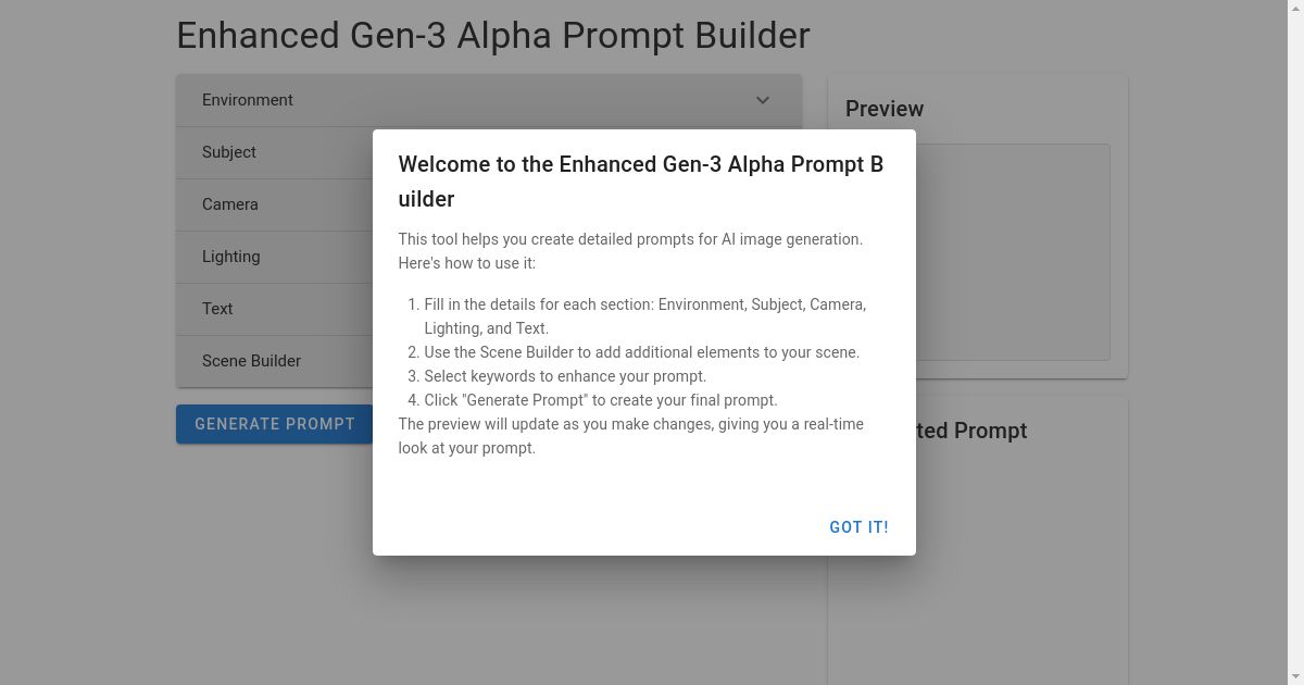 Enhanced Gen-3 Alpha Prompt Builder Enhanced Gen-3 Alpha Prompt Builder