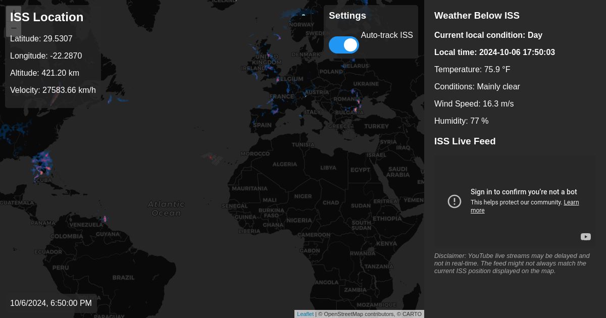 ISS Tracker with RainViewer, Live Feed, Weather, and Local Time